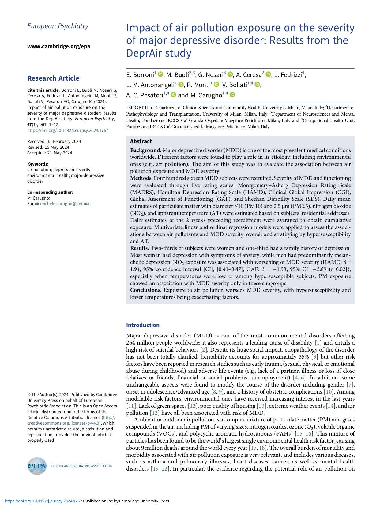 Impact of air pollution exposure on the severity of major depressive ...